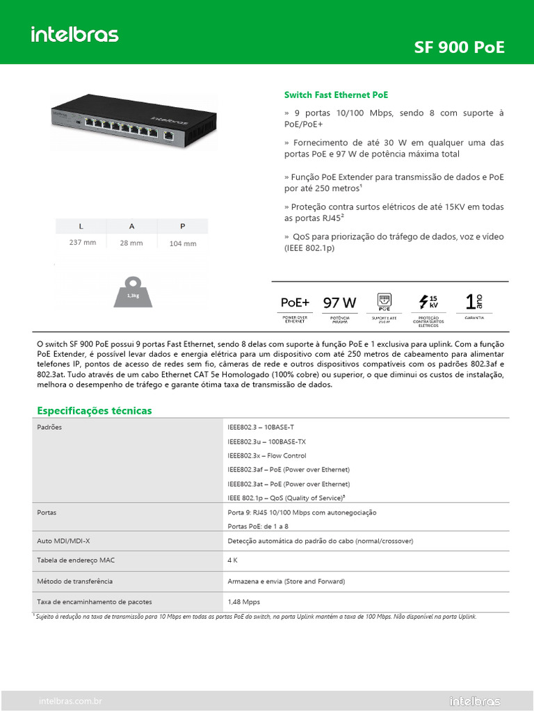 Switch Fast Ethernet PoE SF 900 | PDF | Ethernet | Rede de computadores