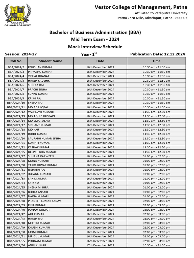 Mock Interview Schedule BBA-1-1 | PDF