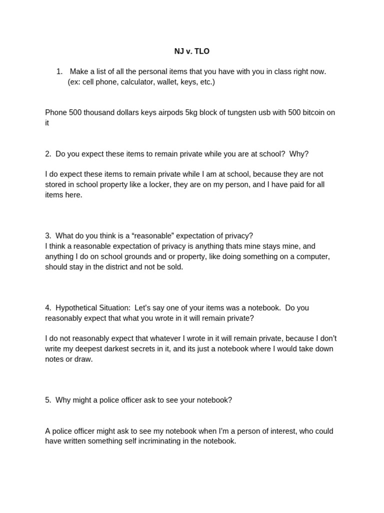 - NJ v TLO Questions | PDF | Fourth Amendment To The United States ...