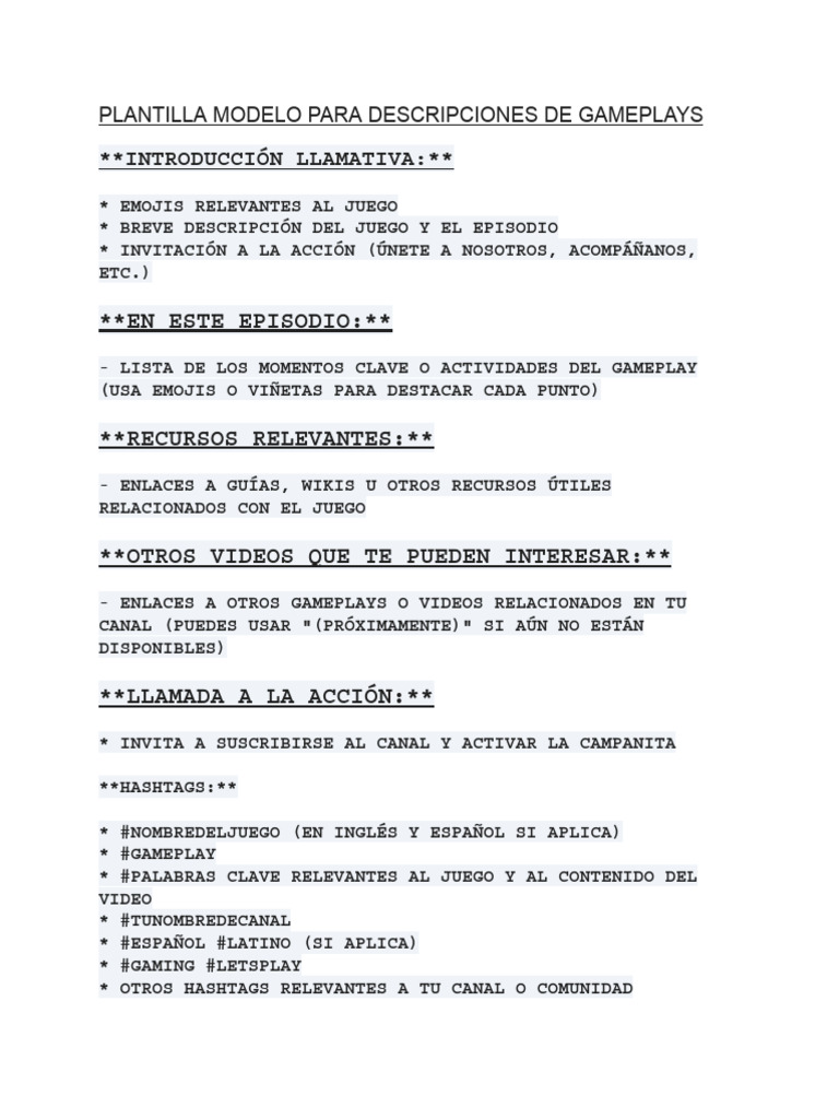 PLANTILLA DESCRIPTIVA PARA TODO GAMEPLAY | PDF