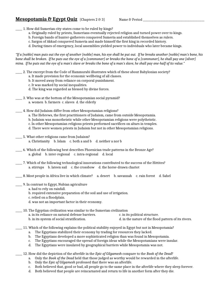Mesopotamia and Egypt Quiz Questions | PDF | Mesopotamia | Ancient Egypt