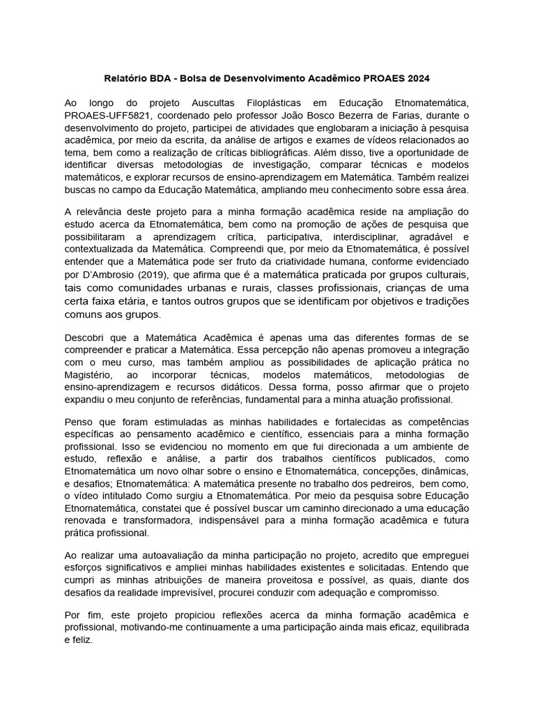 Relatório Bolsista Eveline Bda 2024 | PDF | Matemática | Science
