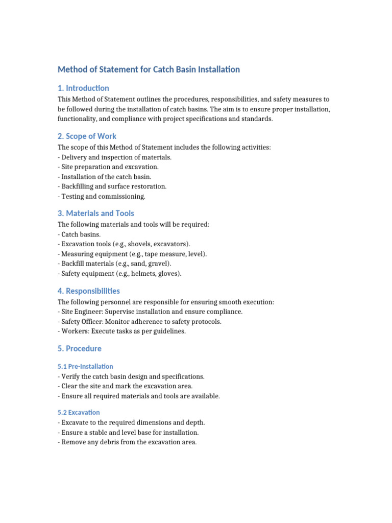 Method of Statement For Catch Basin | PDF | Personal Protective ...