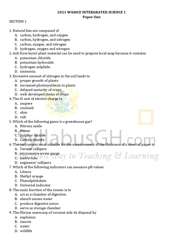 2021 Wassce Intergrated Science 1 | PDF | Nitrogen | Soil