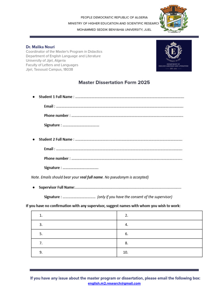 Dissertation Student Form.2024 - 2025 | PDF