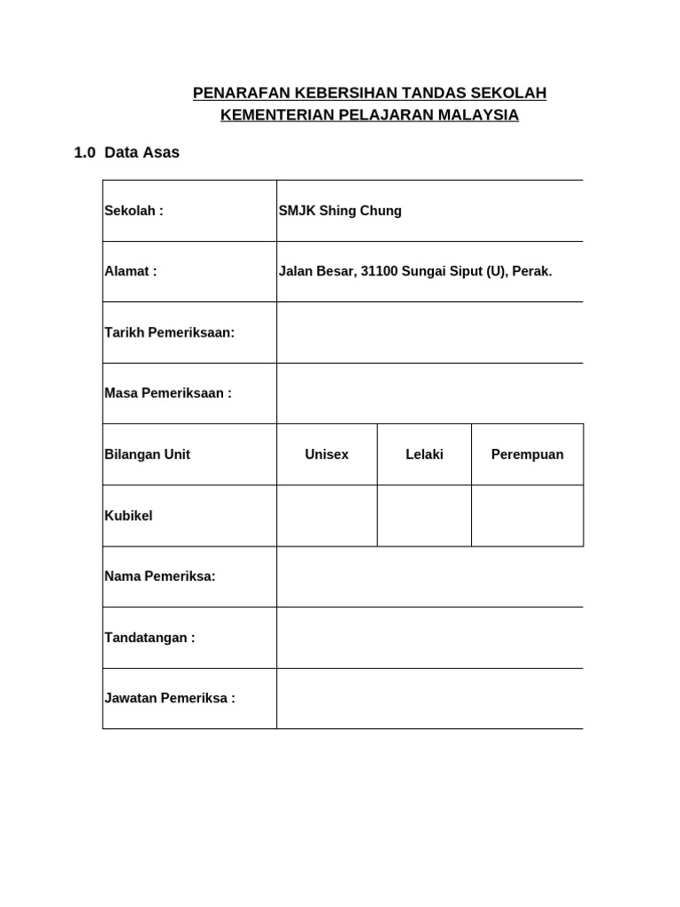Borang Penarafan Kebersihan Tandas Sekolah | PDF