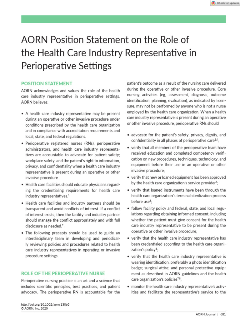 AORN Journal - 2020 - AORN Position Statement On The Role of The Health ...