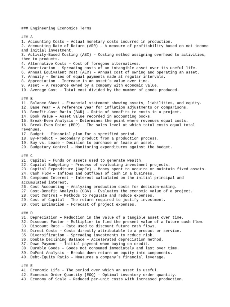Engineering Economics Terms | PDF | Expense | Interest