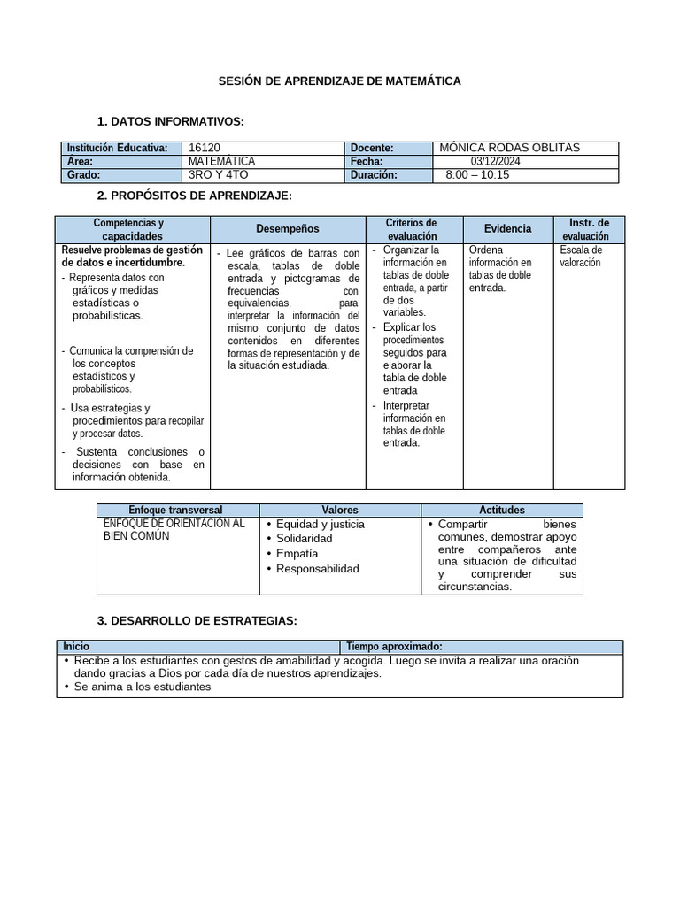 Sesion de Aprendizaje Matematica Cuadros de Doble Entrada | PDF | Evaluación | Aprendizaje