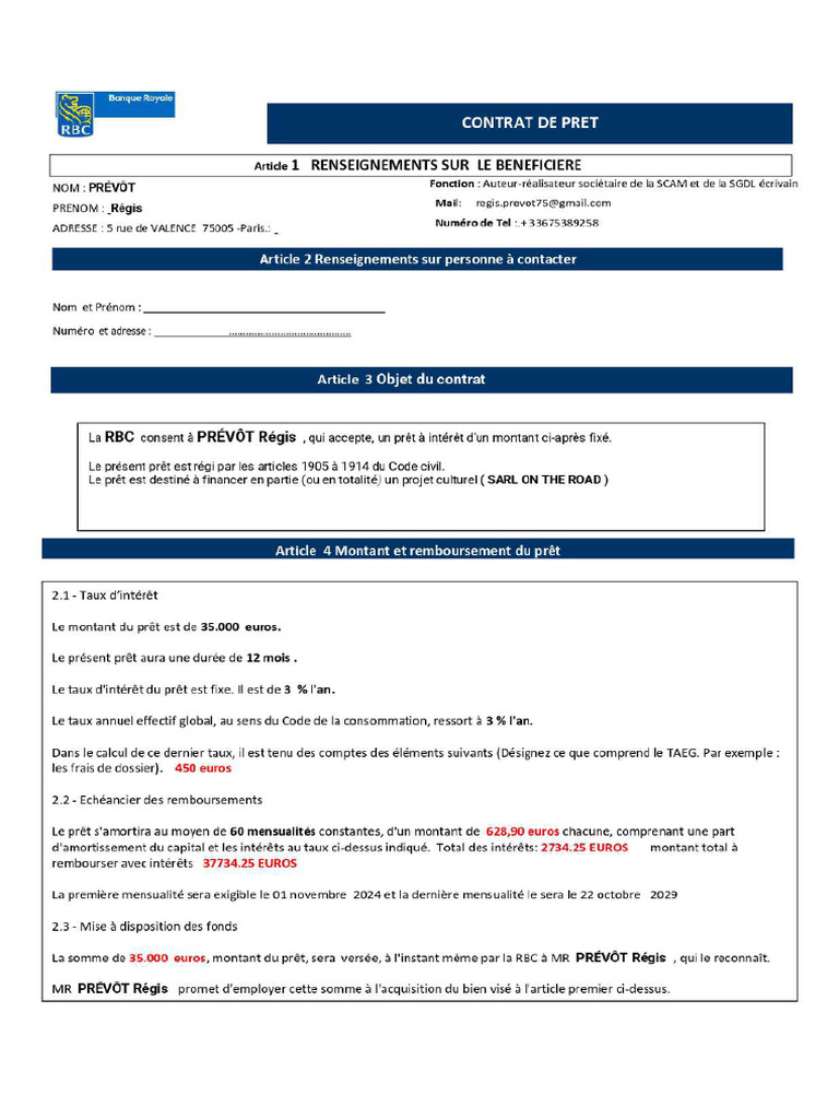 Contrat de Pret 35000 Eur | PDF