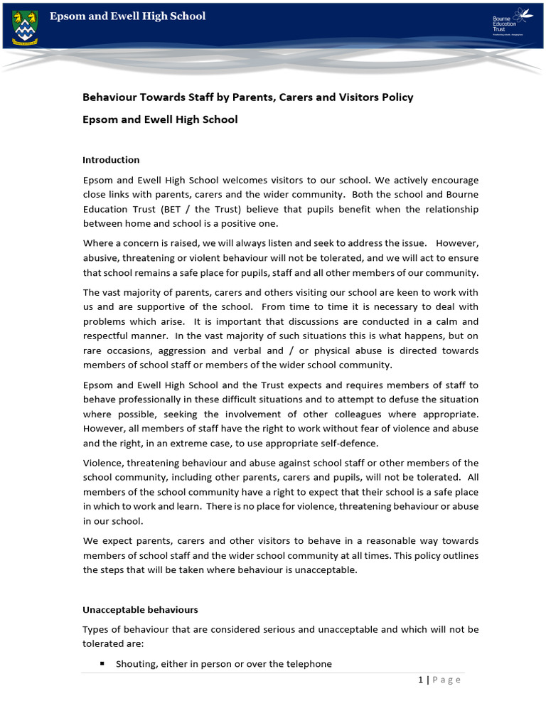 Behaviour Towards Staff Policy | PDF | Violence | Caregiver