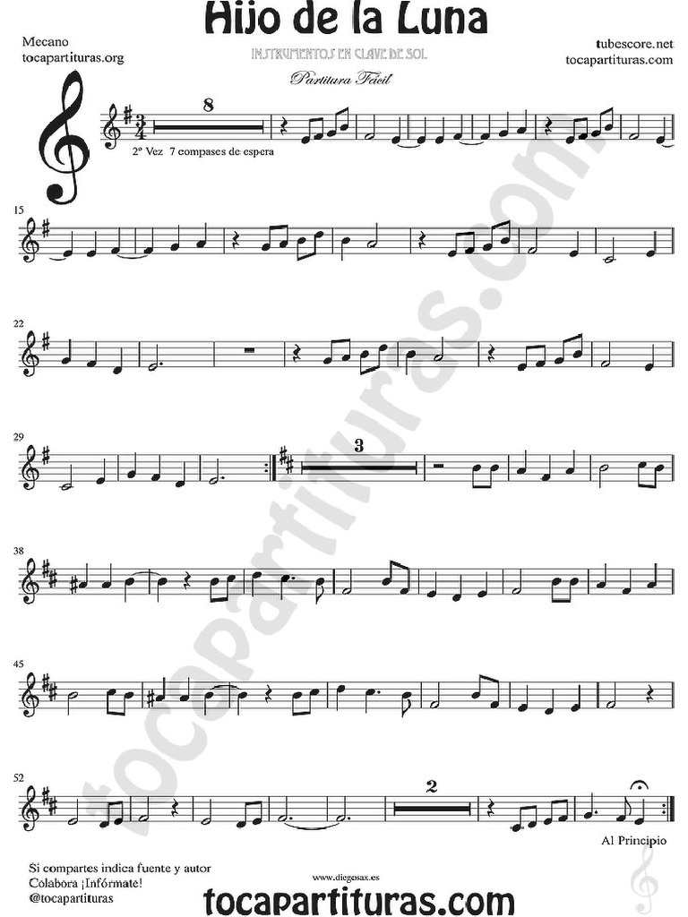 Hijo de La Luna Partitura Fácil de Clave de Sol Flauta Violín Oboe ...