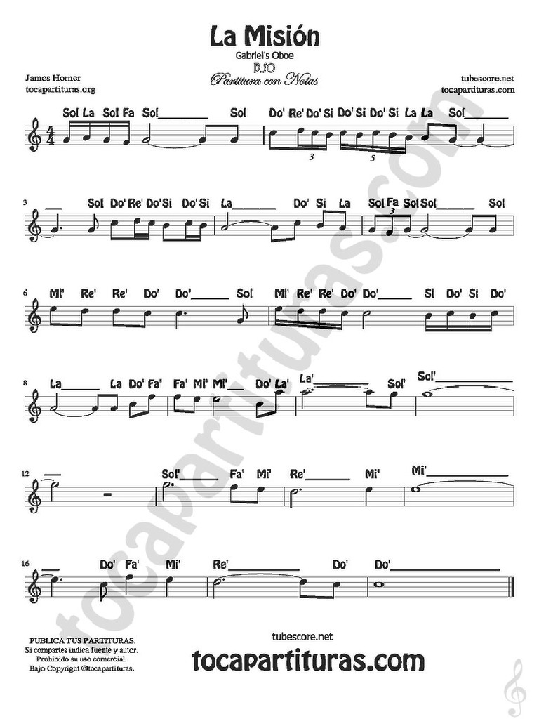 La Misión Partitura Fácil Con Notas de Flauta Violín Oboe Saxofones Trompeta Clarinete... the ...