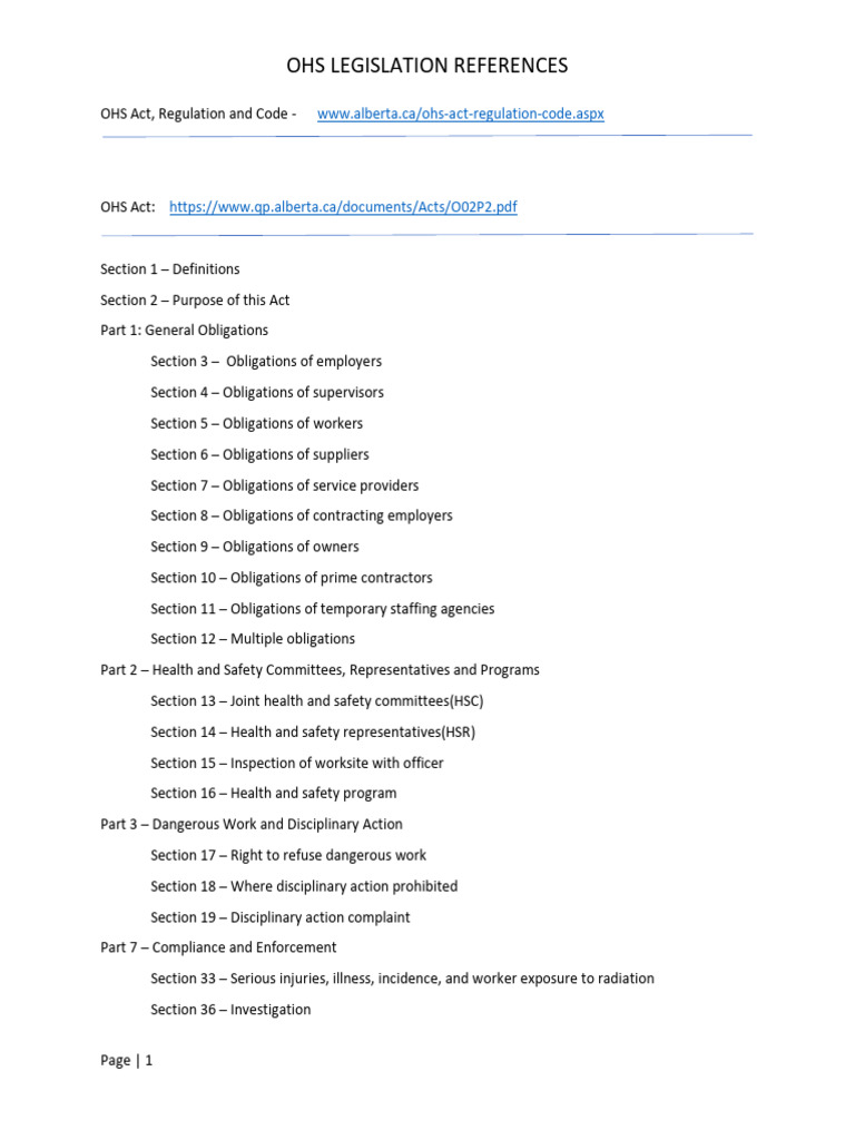 OHS_Act_Regulation_Code_Reference_Sheet | PDF | Occupational Safety And ...