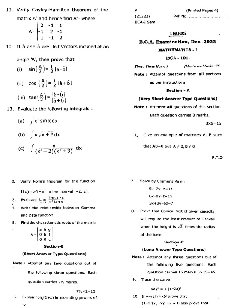 Bca 1 Sem Mathematics 1 18005 Dec 2022 | PDF
