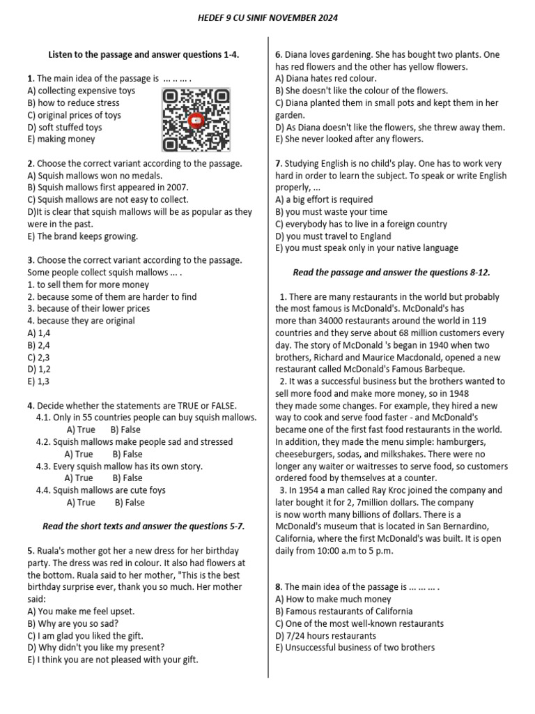 Hedef 9 Cu Sinif Noyabr 2024 | PDF