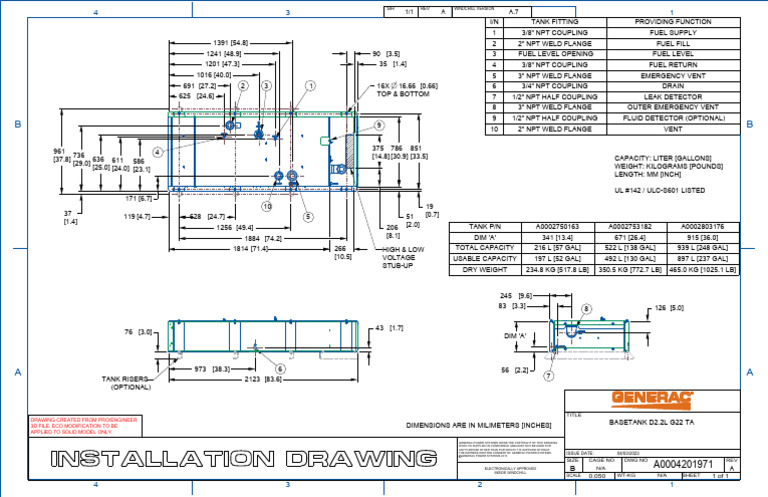 GENERAC SD030T 30KW 2.2.1L Basetank (52G-130G-237G) Install Drawing | PDF