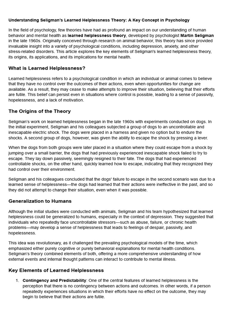 Seligman's Learned Helplessness Theory | PDF | Stress (Biology) | Mental Health