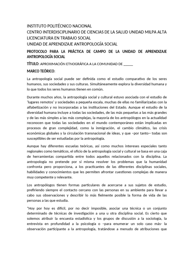Protocolo Práctica de Campo Antrop Soc | PDF | Antropología | Trabajo ...