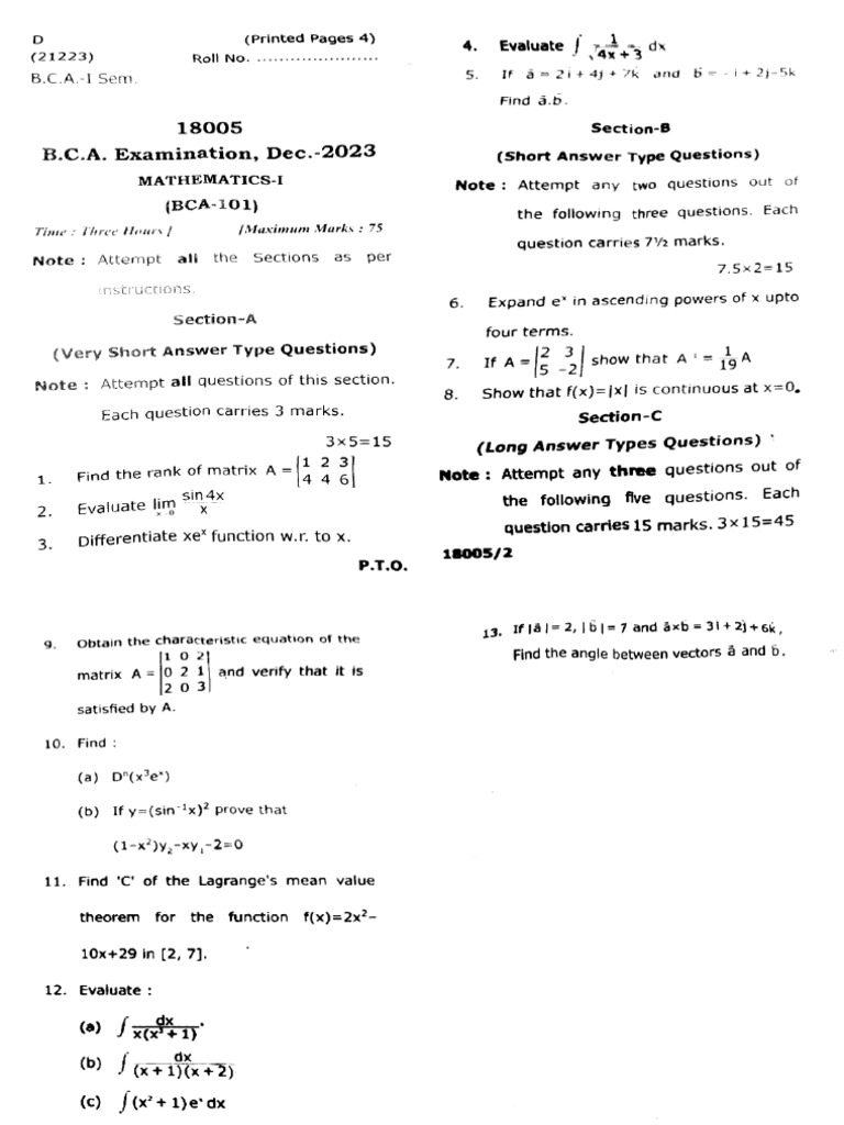 Bca 1 Sem Mathematics 1 18005 Dec 2023 | PDF