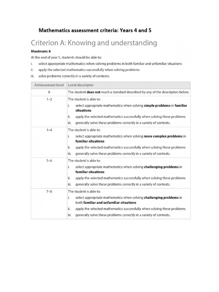 Mathematics Assessment Criteria Years 4 and 5 | PDF