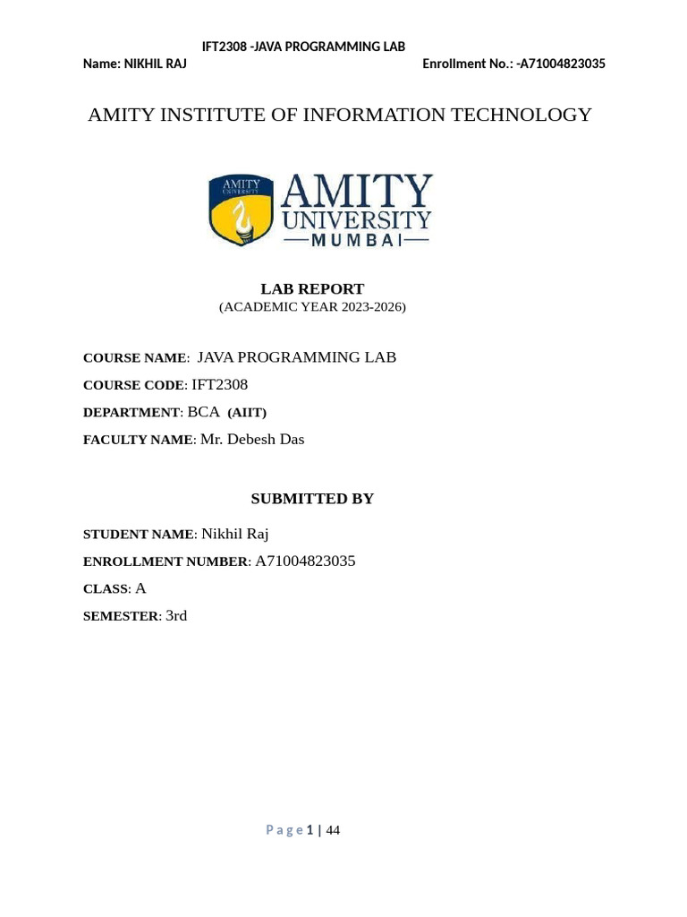 JAVA LAB MANUAL Nikhil Raj | PDF | Constructor (Object Oriented Programming) | Programming