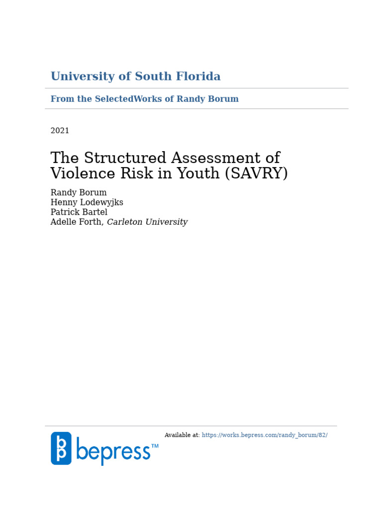 The Structured Assessment of Violence Risk in Youth (SAVRY) - 2021 ...