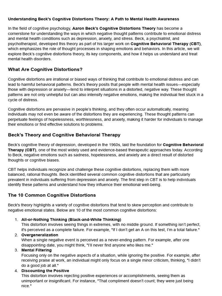 Beck's Cognitive Distortions Explained | PDF | Cognitive Behavioral ...