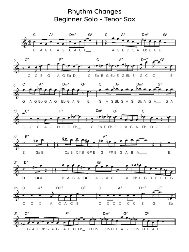 Rhythm Changes Solo - Beginner - Tenor Sax - With Note Names | PDF