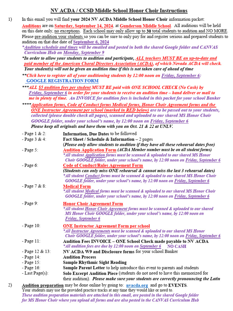 MS Honor Choir Instructions, Info, Forms and Materials 2024 | PDF ...