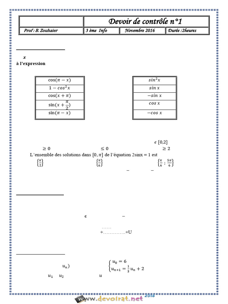Devoir de contrôle n°1 Math 3ème Info | PDF | Fonction (Mathématiques ...