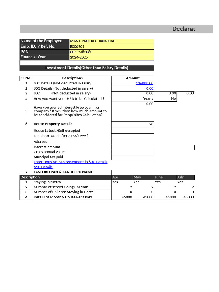 Employee Tax Declaration Form 2024-25 | PDF | Taxes | Government Finances