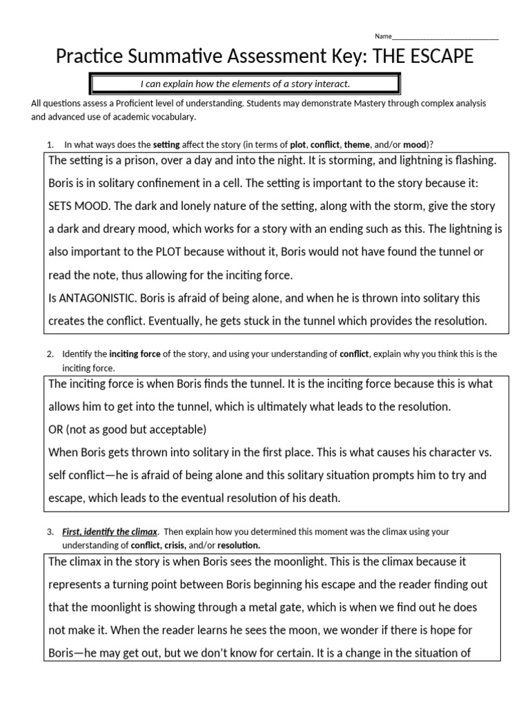 PRACTICE SUMMATIVE Story Elements Escape Key | PDF | Behavioural Sciences | Psychological Concepts