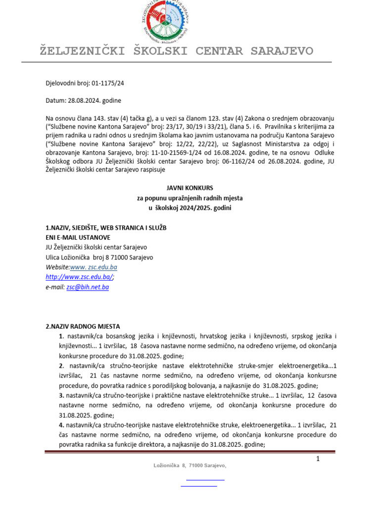 Javni konkurs za popunu upraznjenih radnih mjesta u skolskoj 20242025. godini-1 ŽŠC | PDF