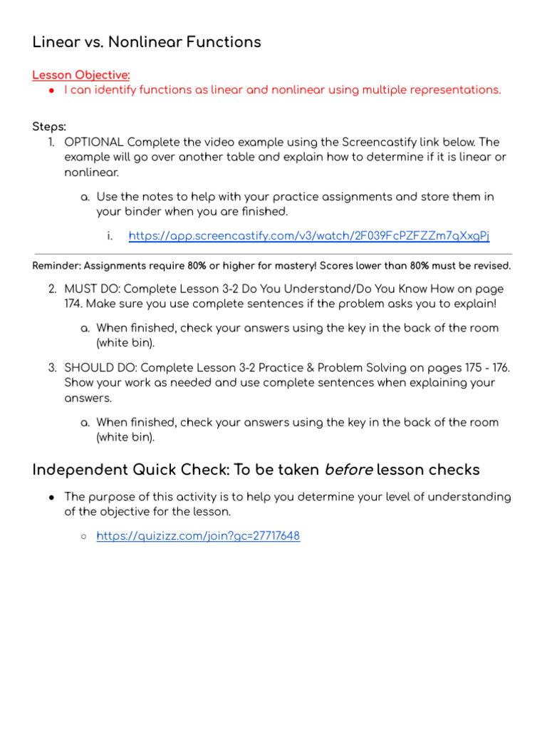Lesson 3-2 Student Instructions - Linear vs. Nonlinear Functions | PDF