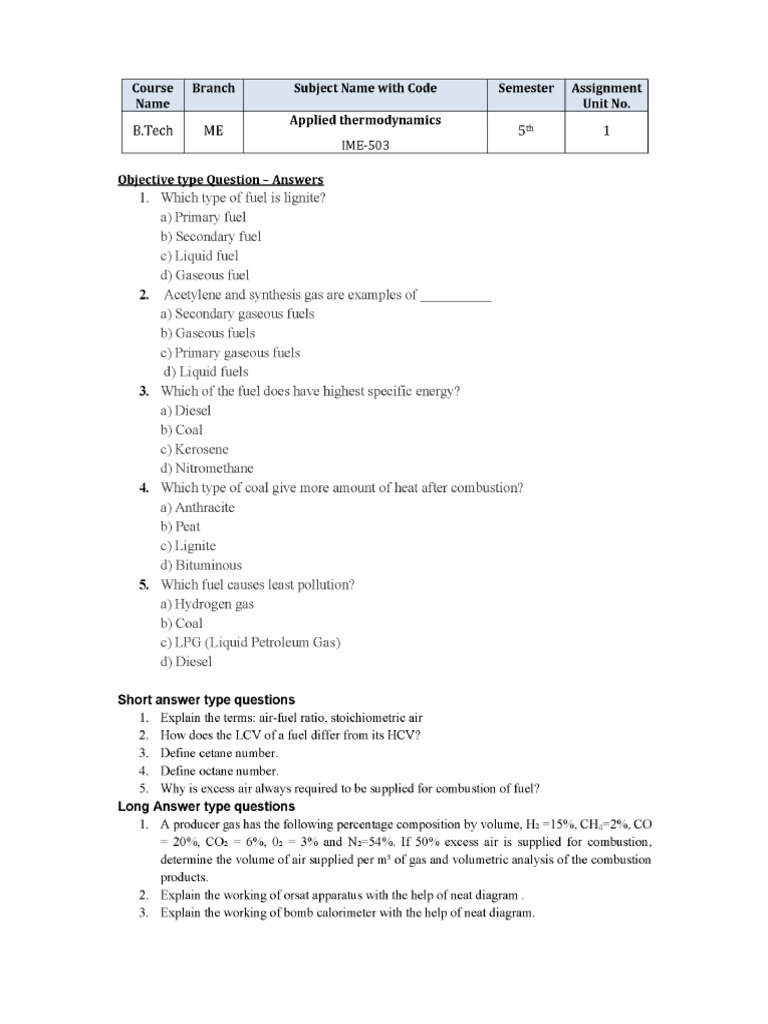 Applied Thermodynamics Assignment IME-503 | PDF | Boiler | Combustion