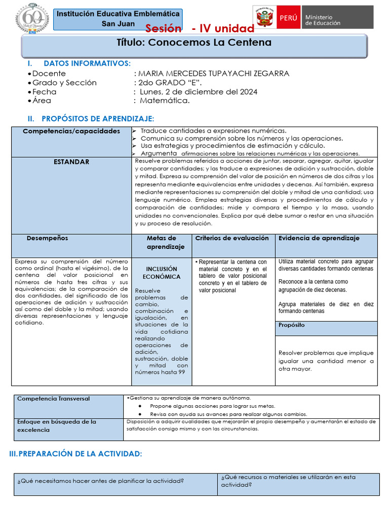 Sesión 2 Diciembre-Conocemos La Centena | PDF | Evaluación | Aprendizaje