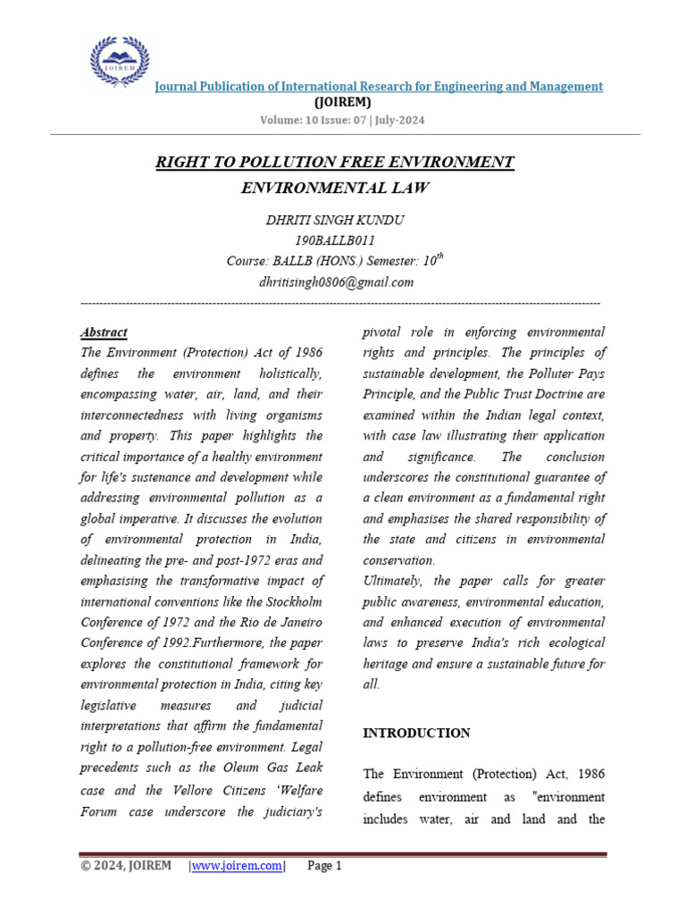 RIGHT TO POLLUTION FREE ENVIRONMENT ENVIRONMENTAL LAW | PDF ...