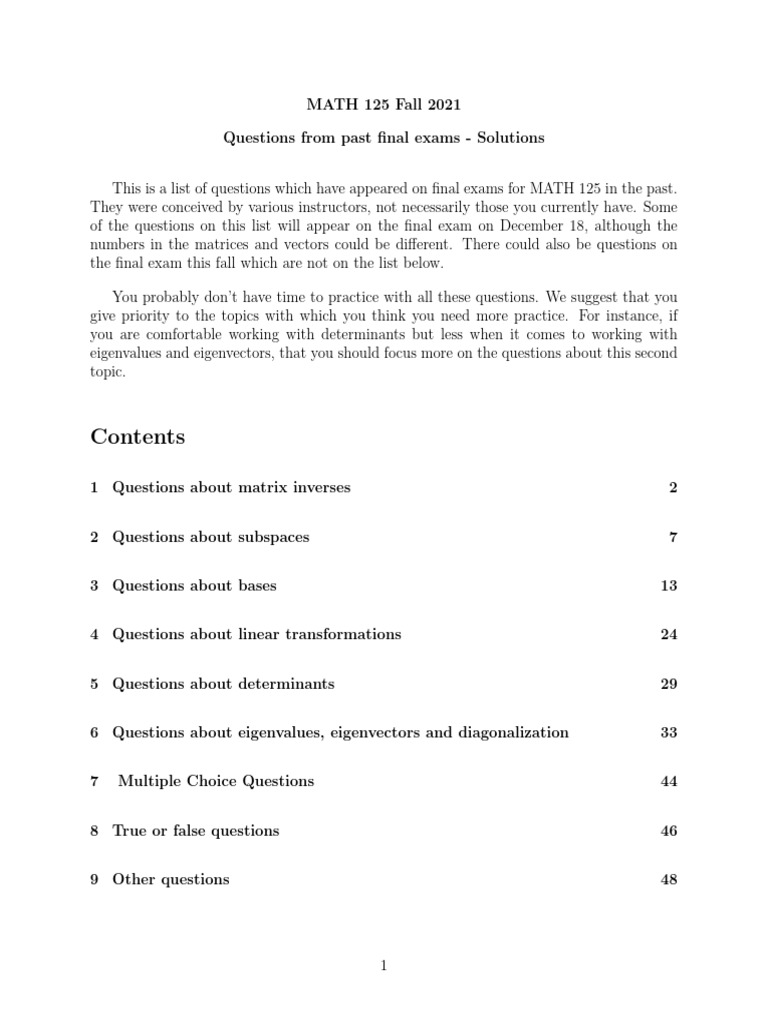 MATH 125 Fall 2021 Final Exam Solutions | PDF | Linear Subspace ...