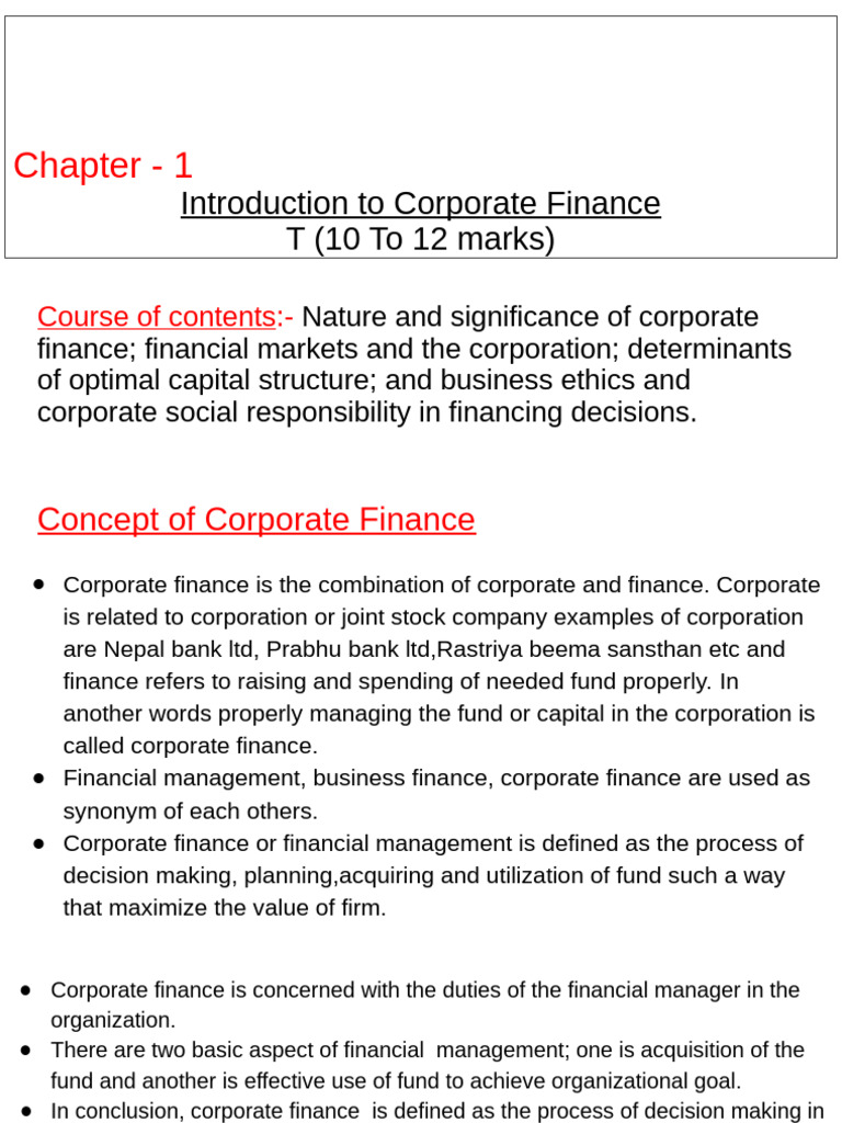 Chapter -1 introduction corporate finance | PDF | Financial Markets ...