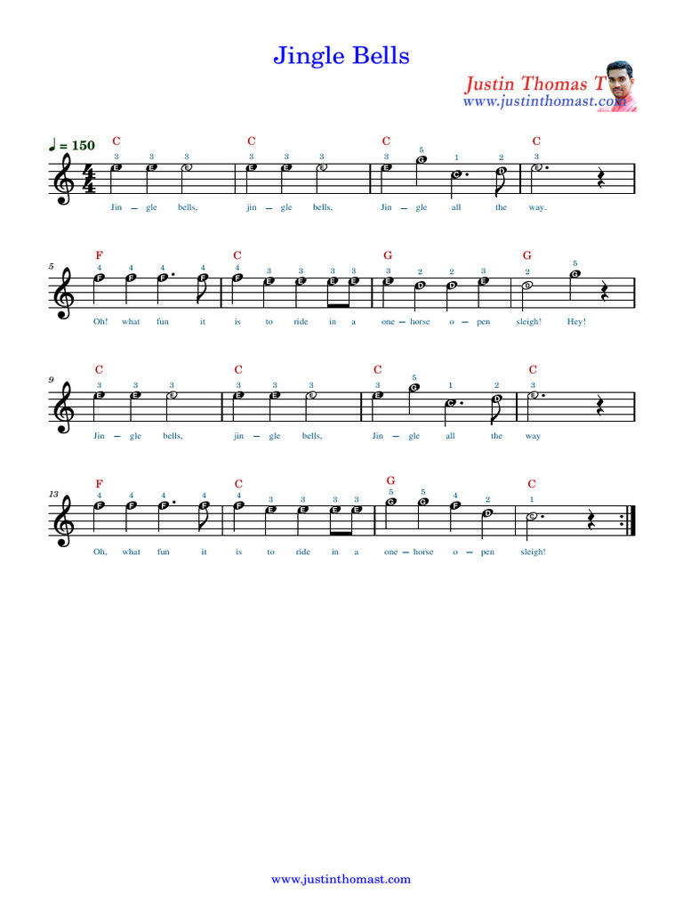 Jingle Bells C Major Short With Finger No and Letters | PDF | Musical ...