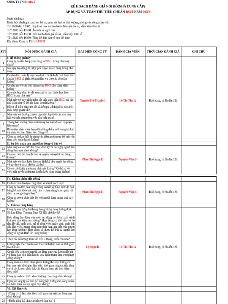 4.Ke Hoach-BB-KQ Danh Gia Noi Bo - NCC BSCI 20xx | PDF