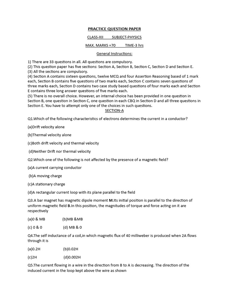 Practice Question Paper (Phy) - CLASS-XII | PDF | Inductor | Electrodynamics