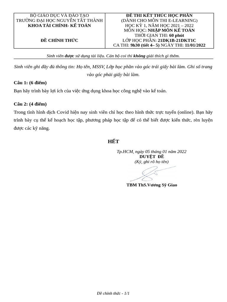 11.1.KhoaTCKT NhapMonKeToan 21DKT1B1C DeThi DeChinhThuc | PDF