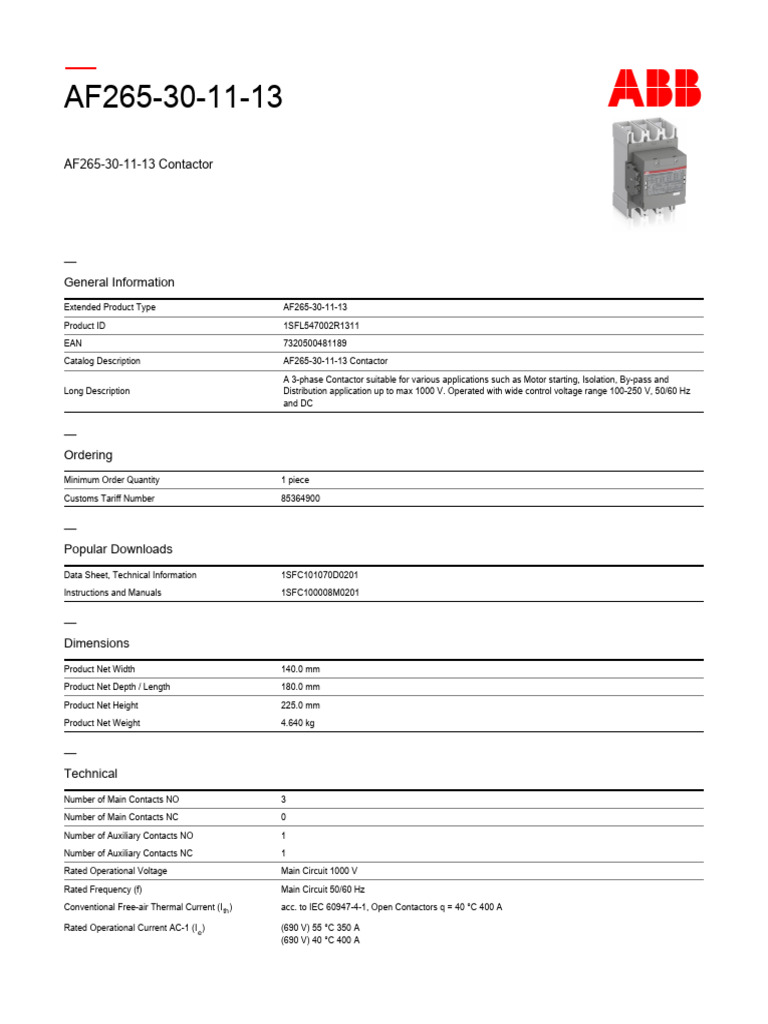 1SFL547002R1311-af265-30-11-13-contactor | PDF | Electrical Equipment | Electromagnetism