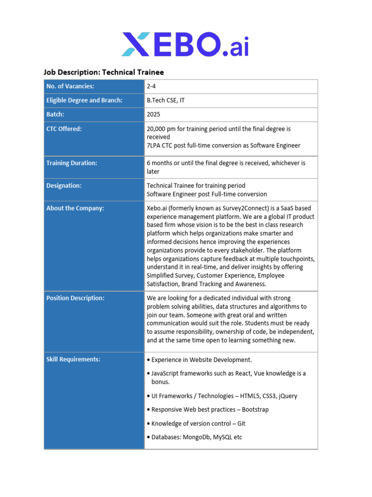 JD Technical Trainee 2025 - Erode - Xebo | PDF | Web Development | Computing