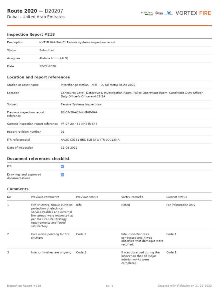 Inspection Report #218 - NHT IR 844 Rev.01 Passive Systems Inspection ...