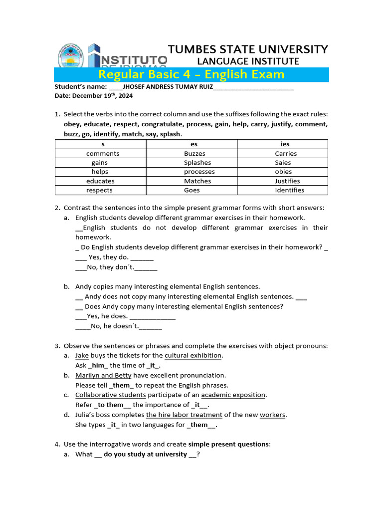 Basic 4 Exam | PDF | English Language | Grammar