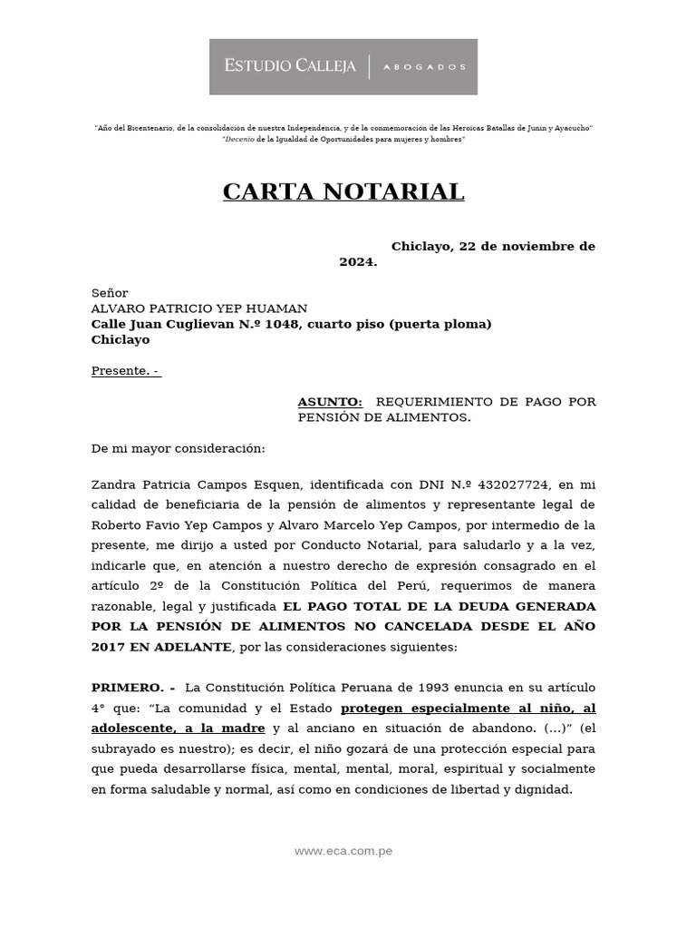CARTA NOTARIAL REQUERIMIENTO DE PAGO | PDF | Pensión alimenticia | Justicia