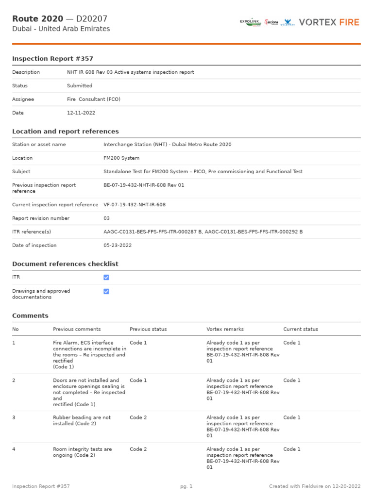 Inspection Report #357 - NHT IR 608 Rev 03 Active systems inspection ...